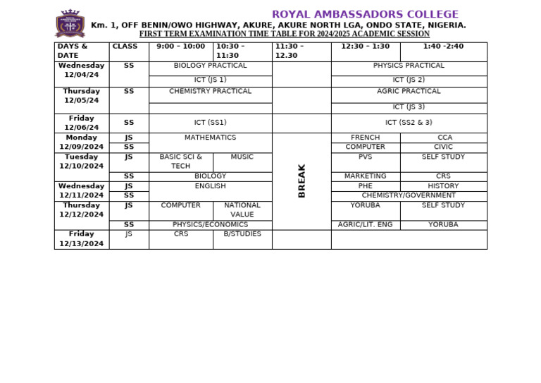 1st Term Exam Time Table 24 25 | PDF