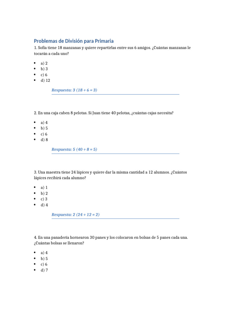 Problemas de División para 2° Primaria | PDF