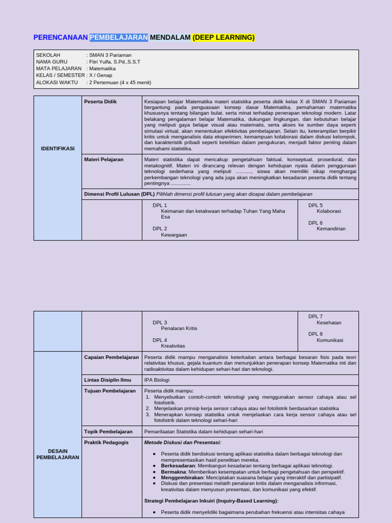 Contoh - RPP Matematika Pembelajaran Mendalam | PDF