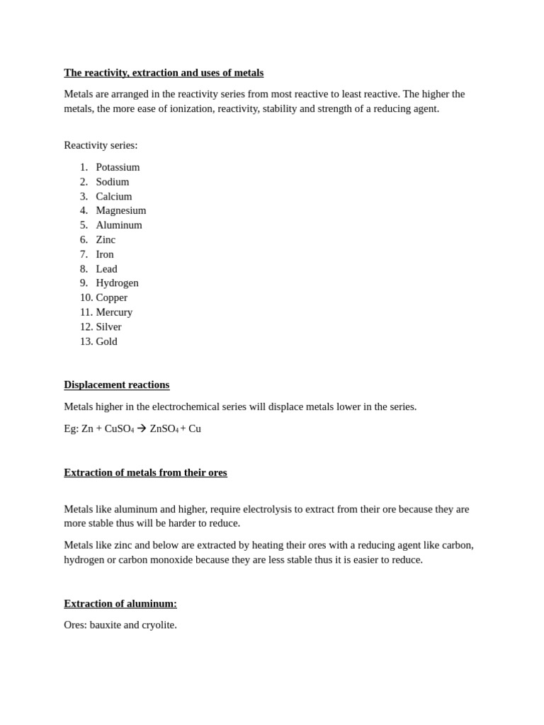 Metal Reactivity and Extraction Methods | PDF | Iron | Alloy