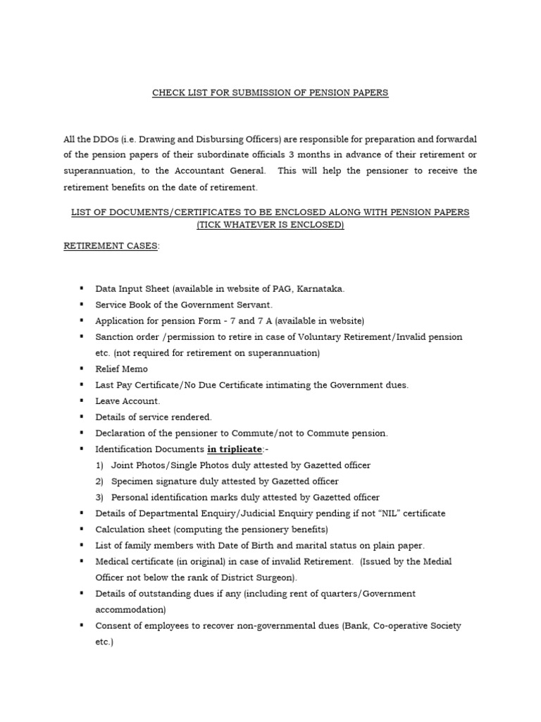 Pension Papers Submission Checklist | PDF | Pension