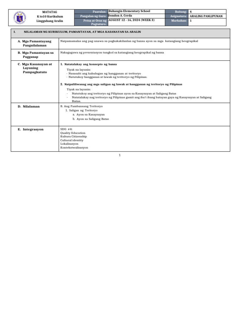 DLL MATATAG _ARALING PANLIPUNAN 4 Q1 W3 | PDF