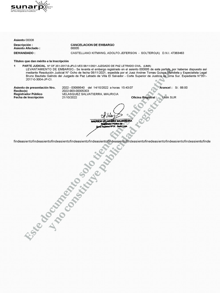 Levantamiento de embargo en SUNARP | PDF