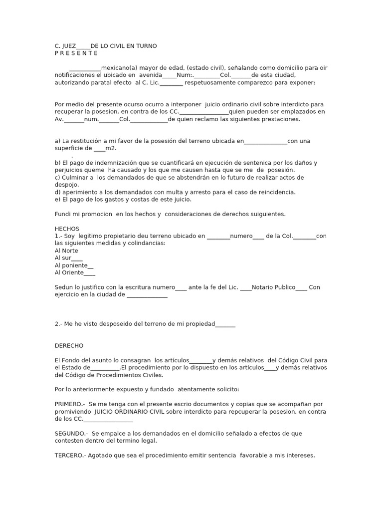 Juicio Civil por Despojo y Daños | PDF | Demanda judicial | Daños y ...