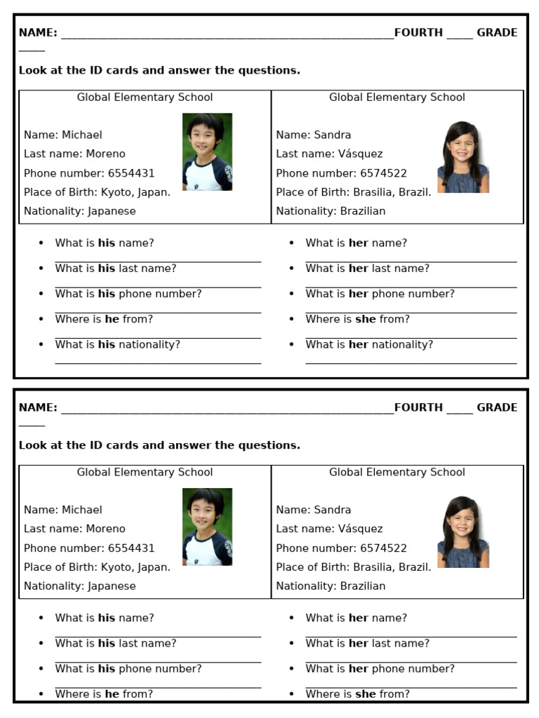 ID Card Questions for Fourth Graders | PDF | Authentication | Access ...