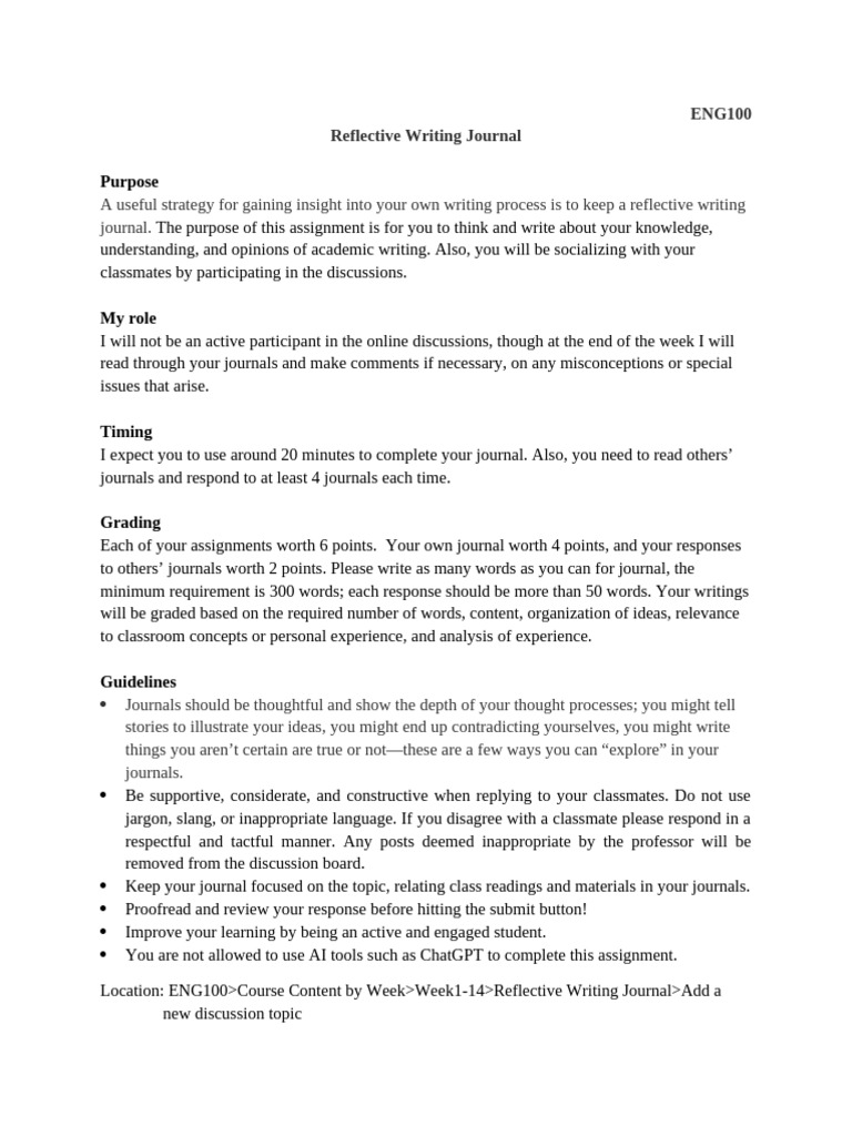 ENG100 Reflective Writing Journal Guide | PDF