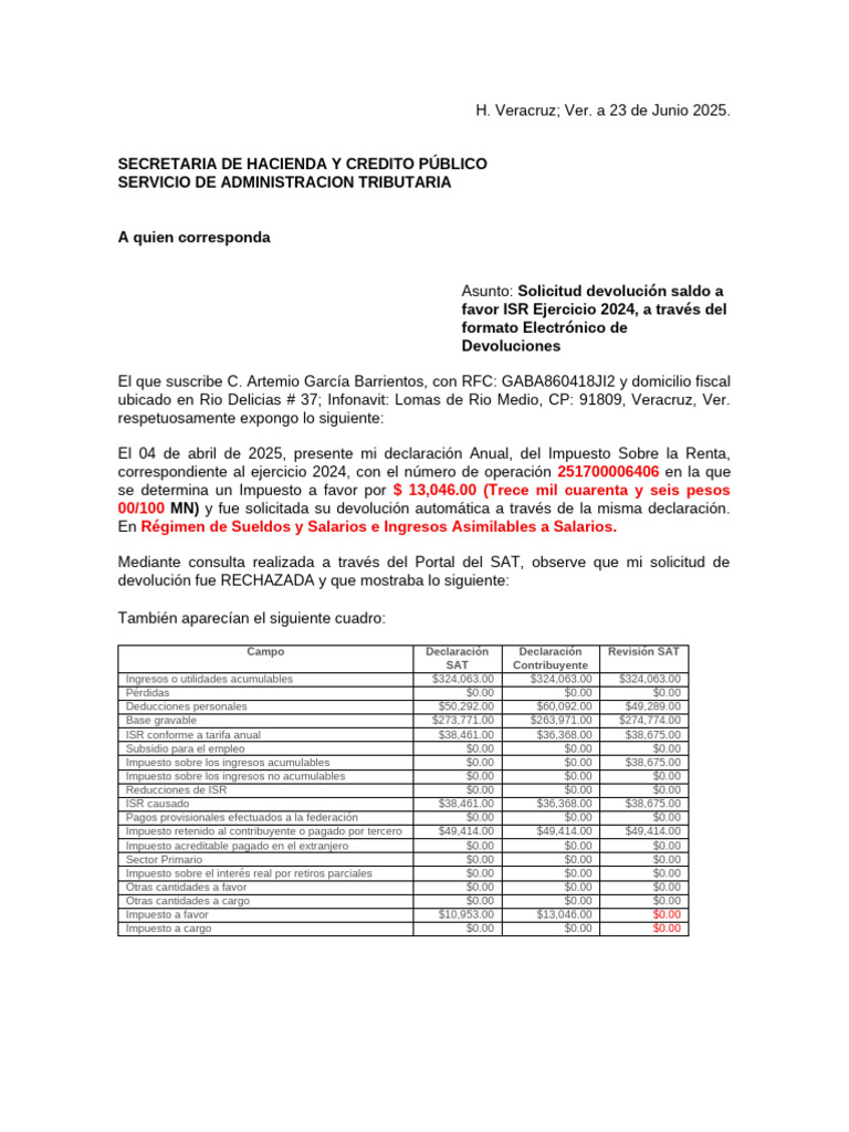 Escrito Libre Al Sat de Devolucion. | PDF | Impuesto sobre la renta | Impuestos
