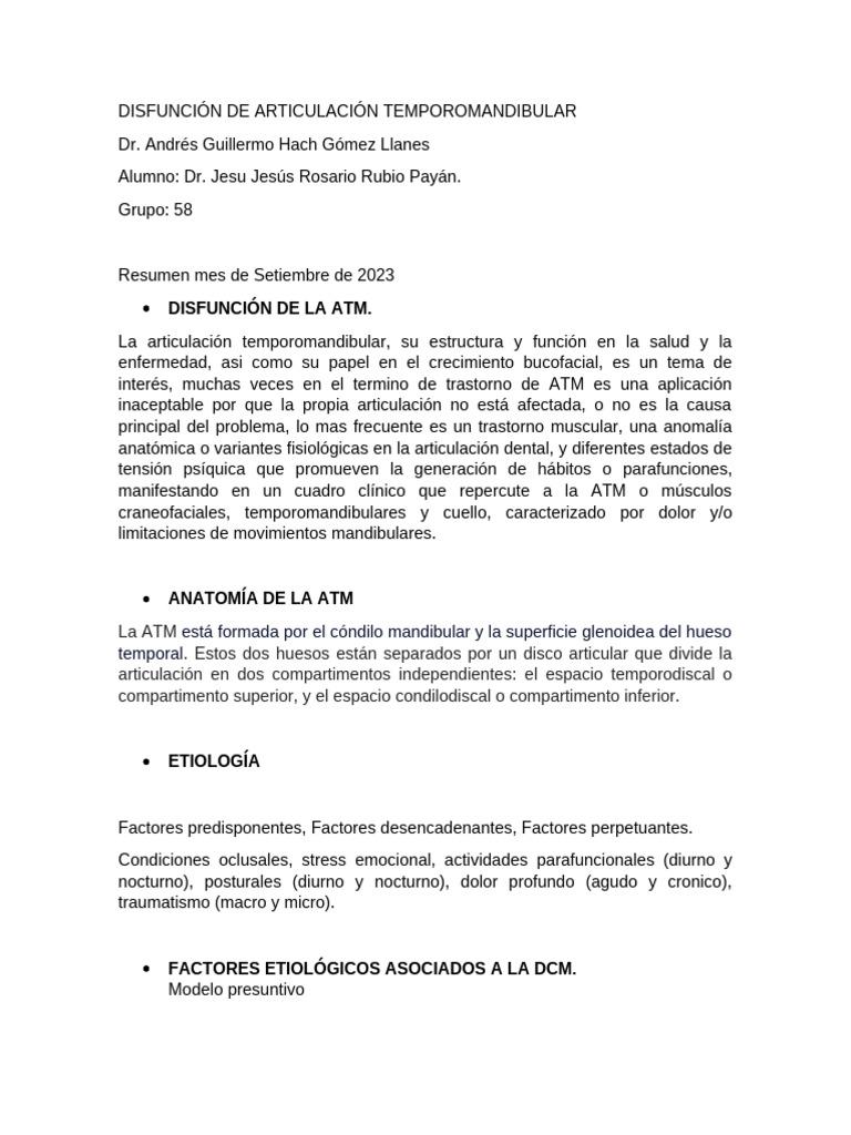 Disfunción de la Articulación Temporomandibular | PDF