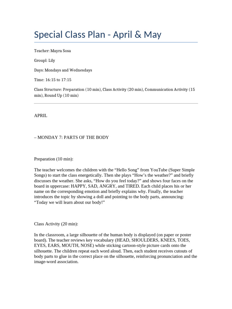 April-May Special Class Plan Overview | PDF | English Language ...