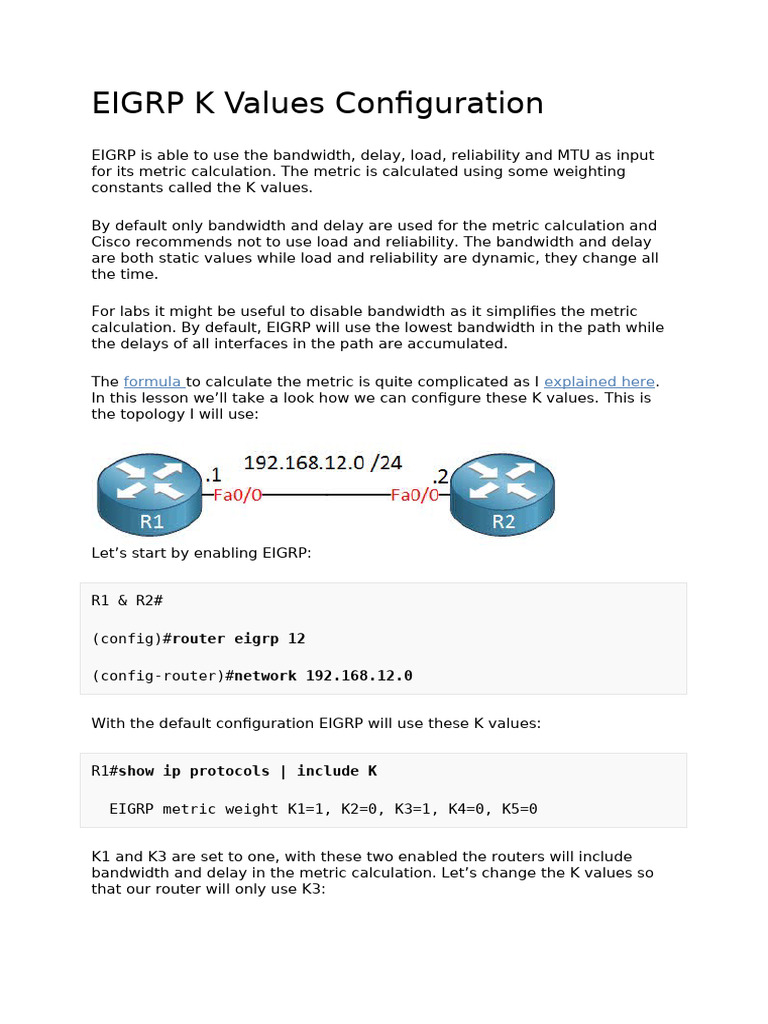 EIGRP K Values Configuration | PDF | Data Transmission | Internet Architecture