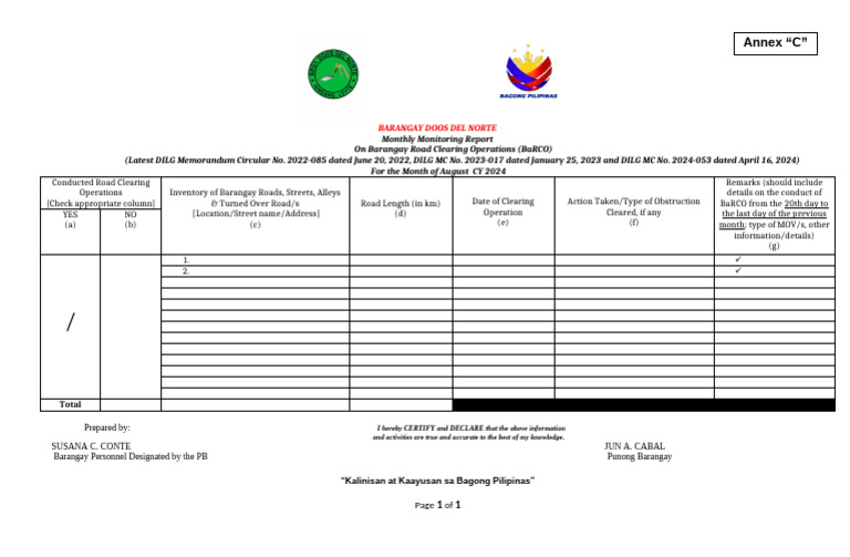 Annex C - Barangay BaRCO Monthly Monitoring Report Template With PBs ...