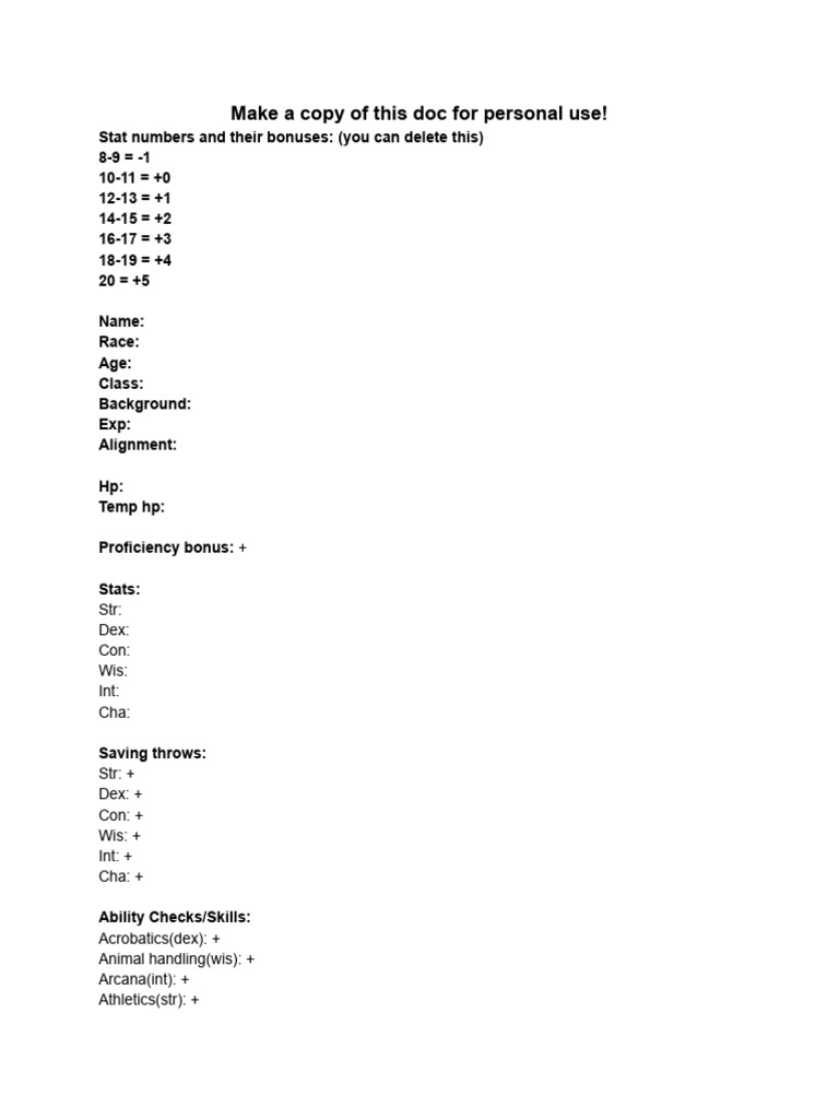 D&D Character Sheet Template | PDF