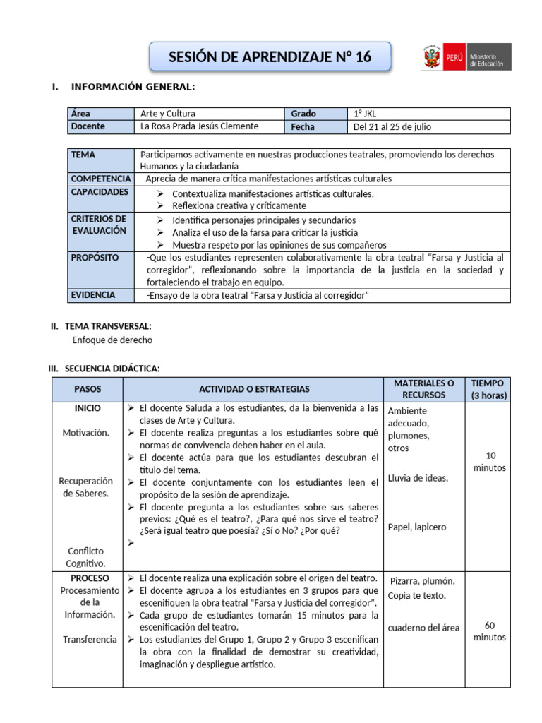 Teatro y Derechos Humanos en 1° JKL | PDF | Maestros | Aprendizaje