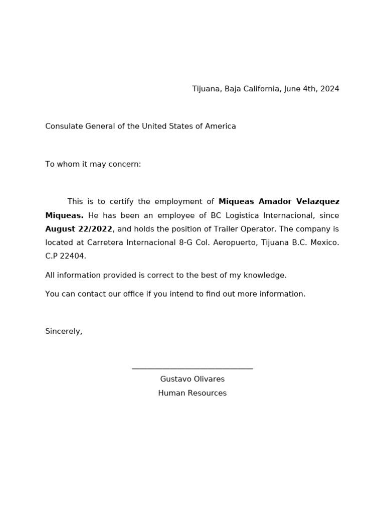 Carta Laboral - Consulado | PDF