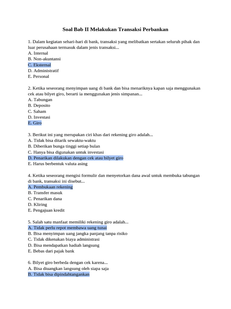 Soal Bab II Melakukan Transaksi Perbankan | PDF