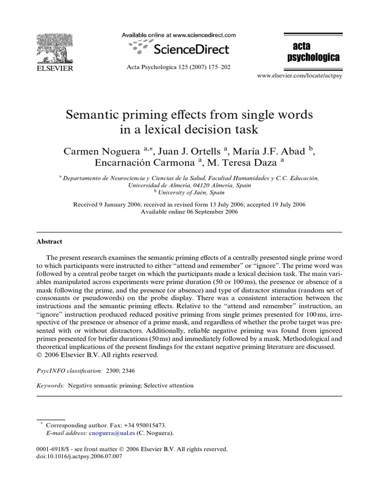 Semantic Priming in Lexical Decision Tasks | PDF | Priming (Psychology ...