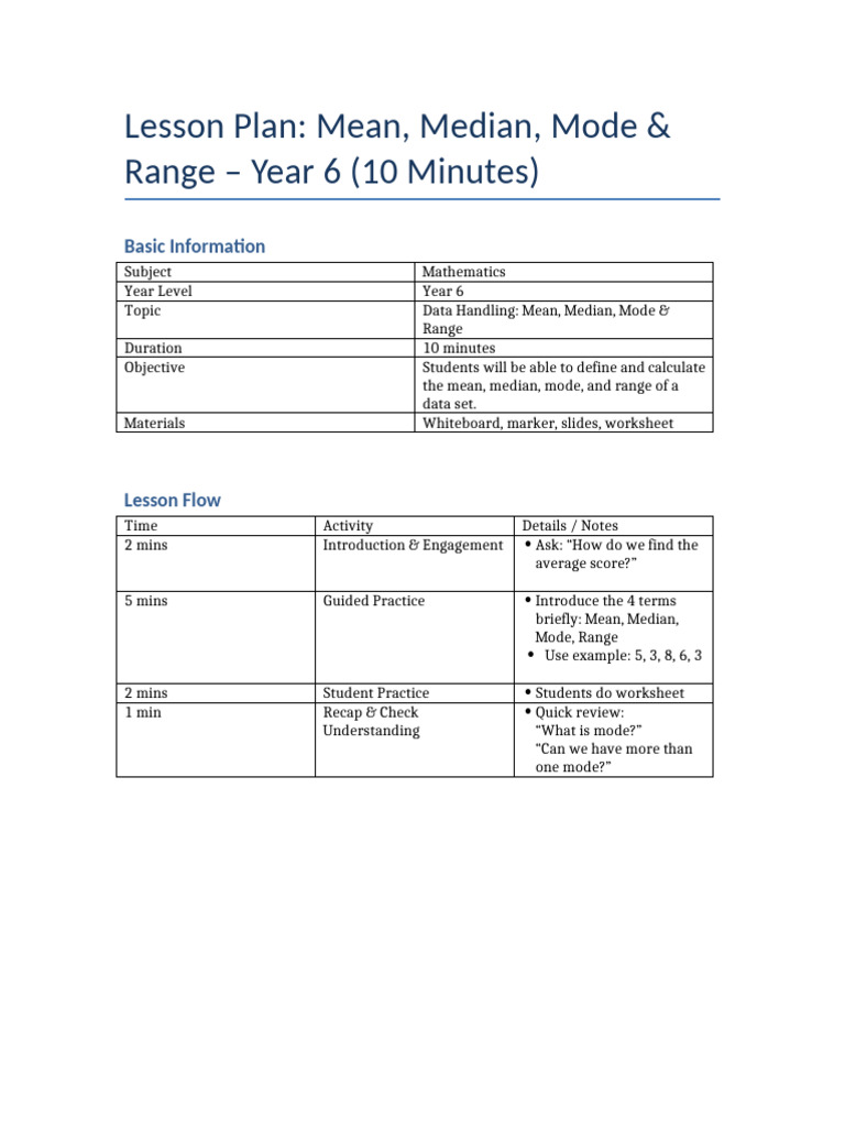 Year 6 Math: Mean, Median, Mode Lesson | PDF