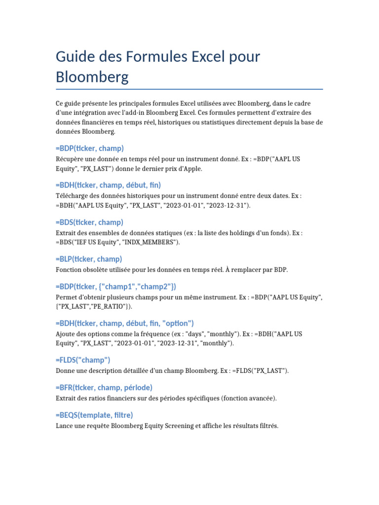 Formules Excel pour Bloomberg | PDF