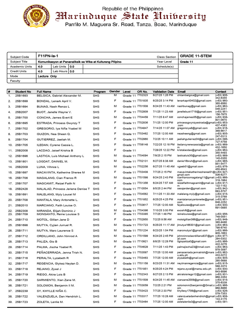 Komunikasyon at Pananaliksik 11 Official Classlist MscyIIPr7i120 | PDF