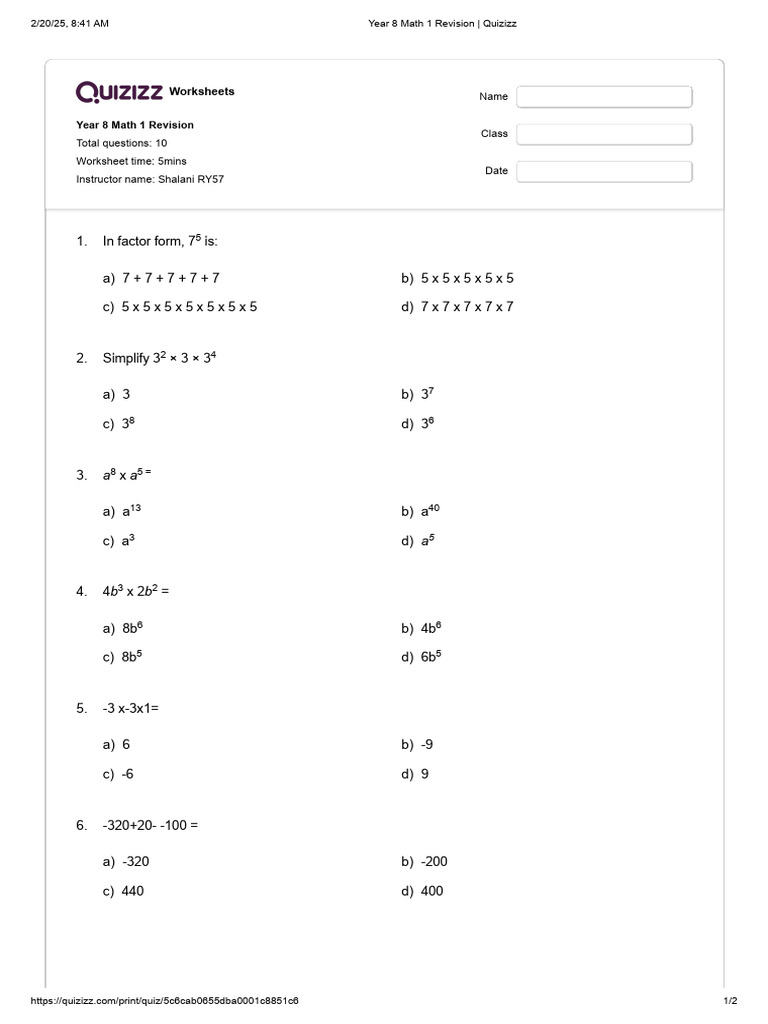 Year 8 Math 1 Revision - Quizizz | PDF | Chess | Chess Theory