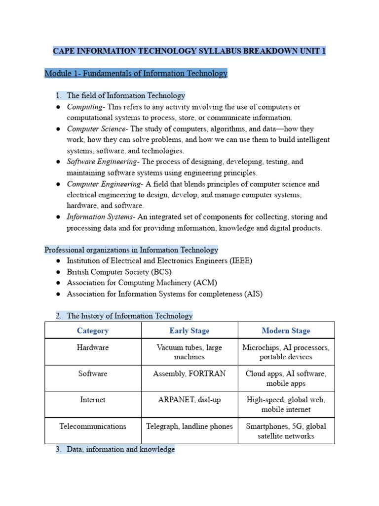CAPE IT Syllabus Overview: Unit 1 | PDF | Computer Network | Internet & Web
