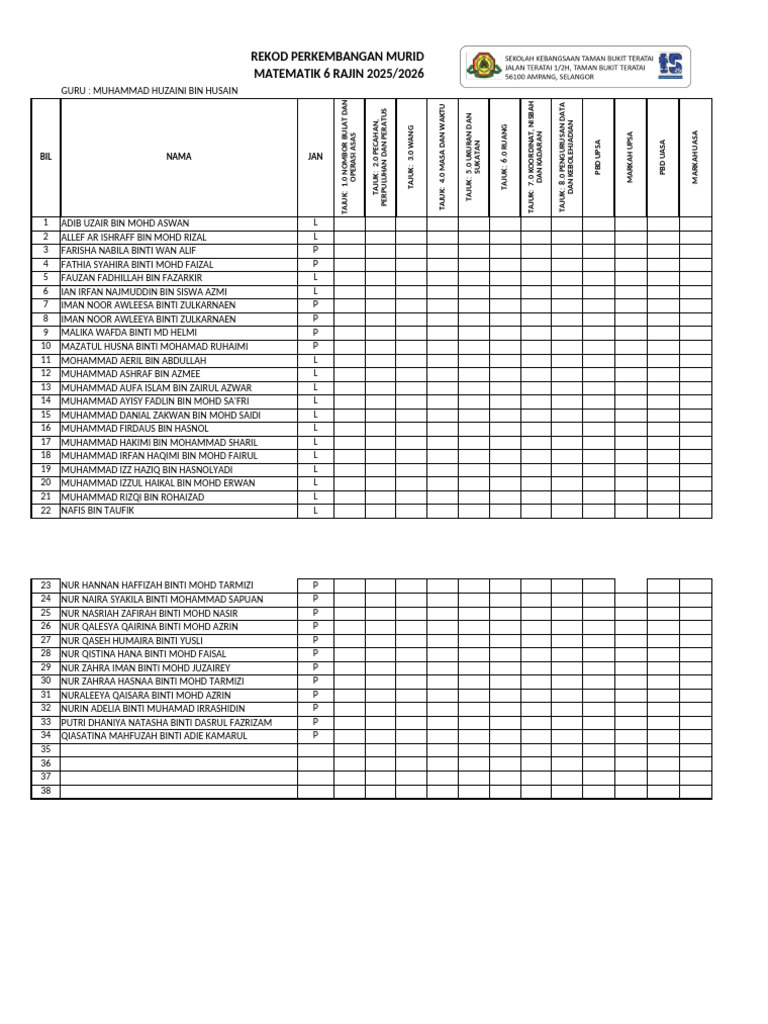 Borang Transit PBD 2025-Mt Tahun 6 | PDF