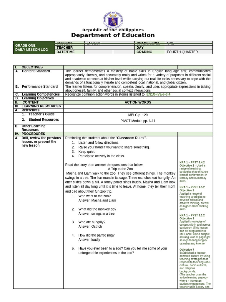 Grade 1 Action Words Lesson Plan | PDF | Learning | Teachers