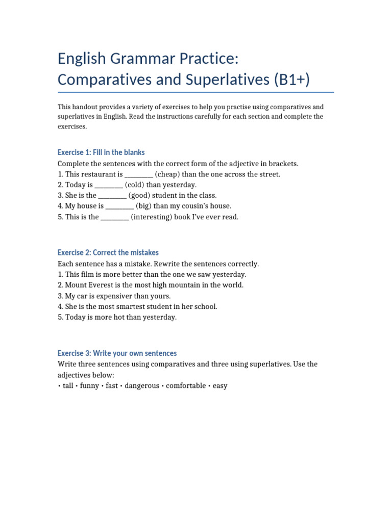 B1 Comparative and Superlative Exercises | PDF