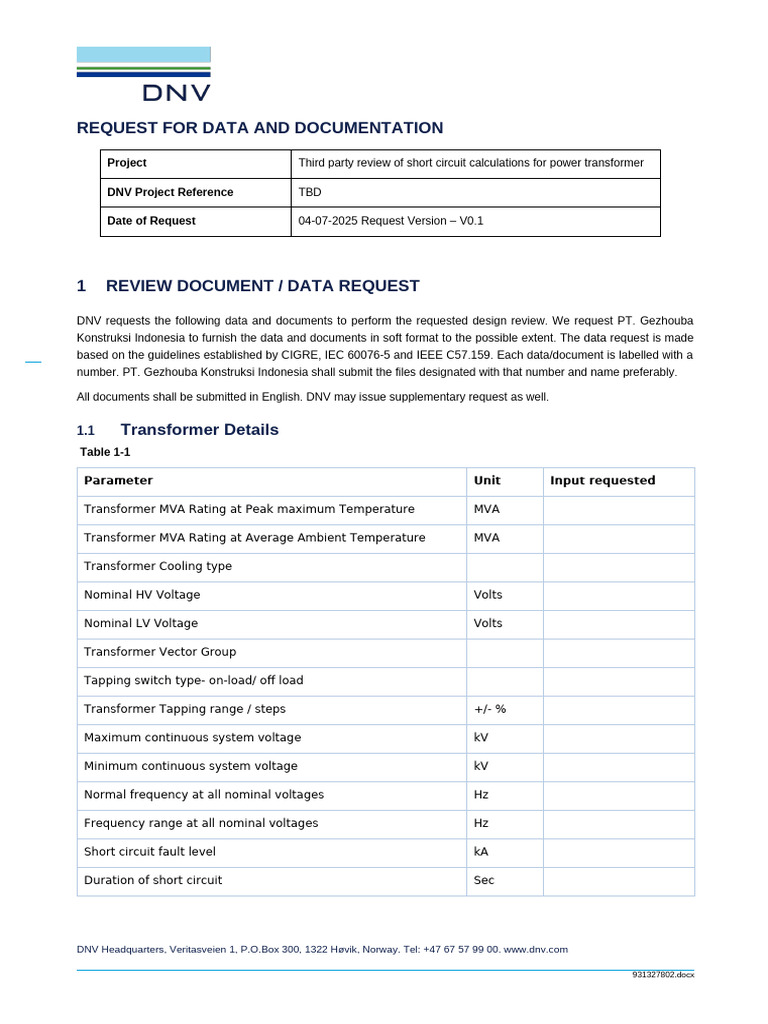 DNV - Short Ckt. Calc. Review Data Request - TRFR V0.1 | PDF ...