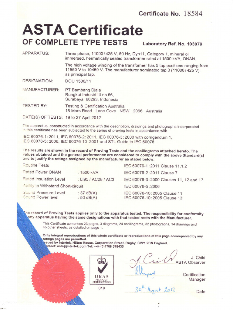 ASTA Certificate for 1500 kVA Transformer | PDF | Transformer ...