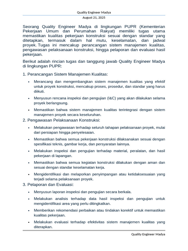 Tugas Quality Engineer Madya PUPR | PDF