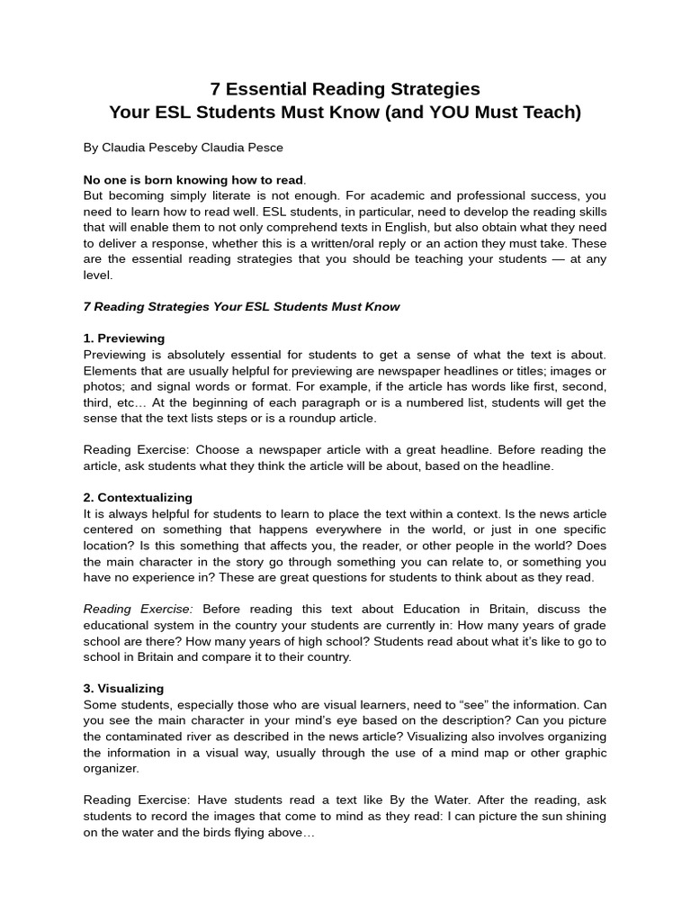 7 Essential Reading Strategies Your ESL Students Must Know | PDF