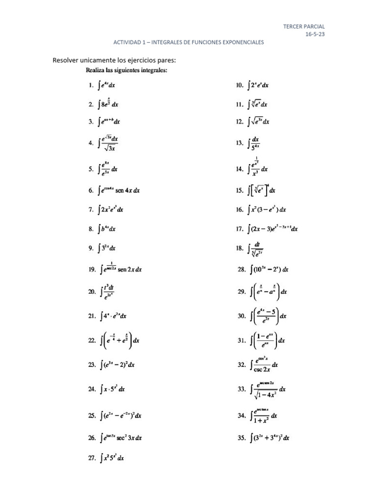 Actividad 1 - Integrales de Funciones Exponenciales 3er Parcial | PDF