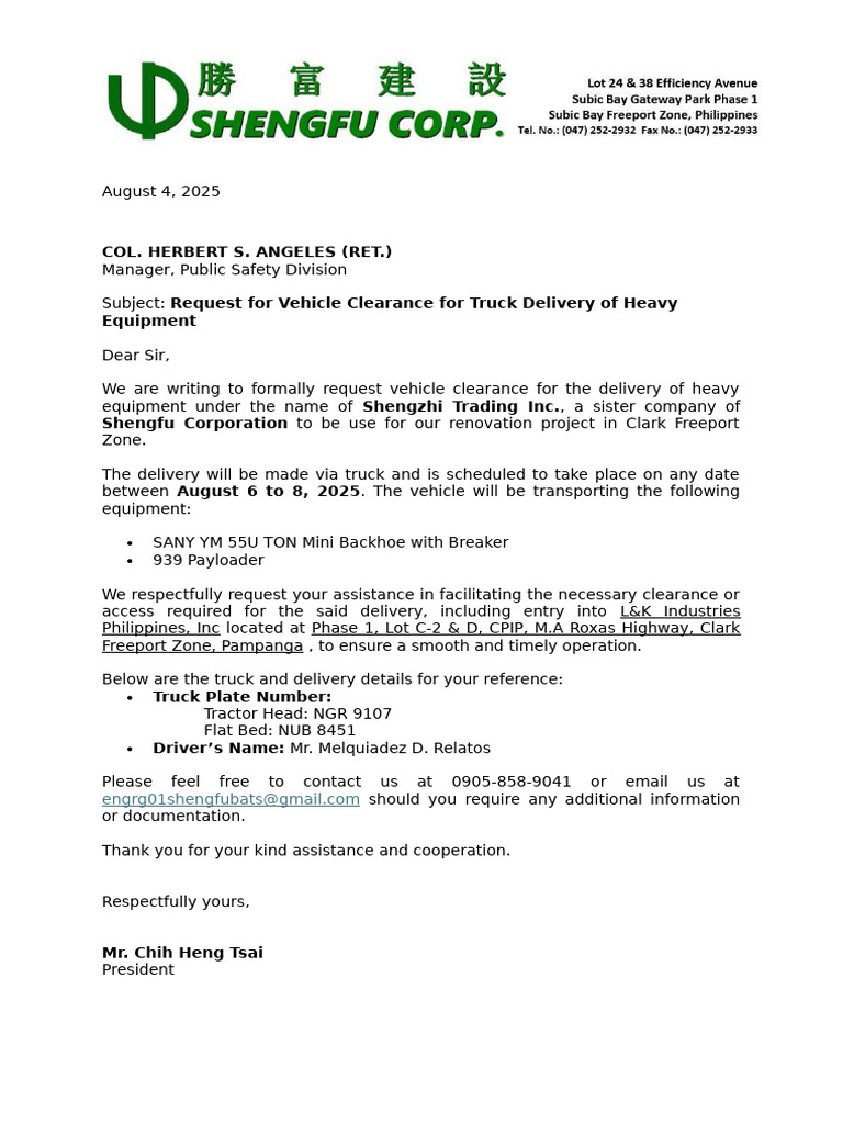 Vehicle Clearance Request for Heavy Equipment | PDF