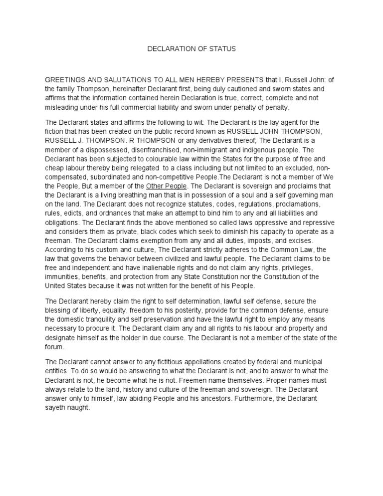 Declaration of Status Russ Thompson Template 040912 | PDF | Natural And ...