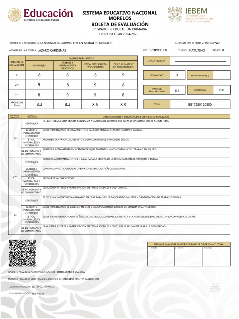 Boleta de Evaluación Primaria 2024-2025 | PDF | Maestros | Aprendizaje