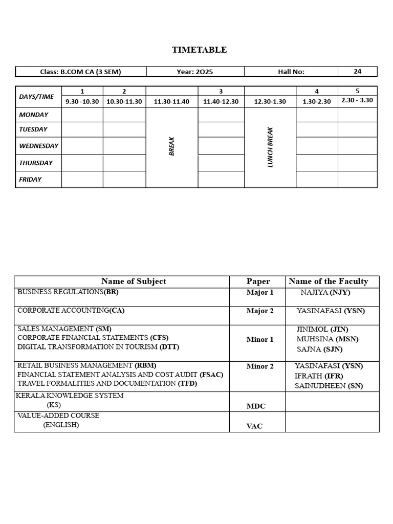 Class Timetable of 3 Sem | PDF | Accounting | Financial Services