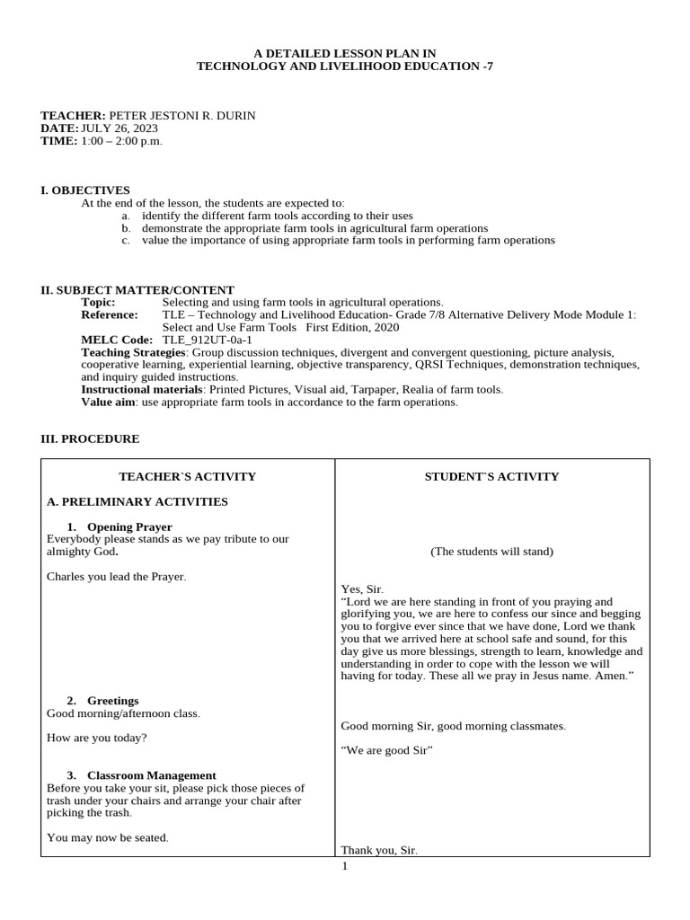 Farm Tools Lesson Plan for Grade 7 | PDF | Lesson Plan | Weed
