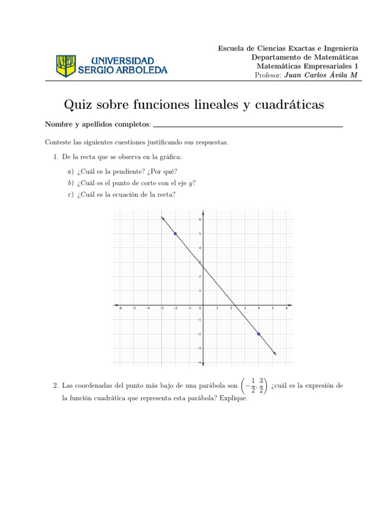 Ejercicios tipo Quiz de ecuación de una recta | PDF | Pendiente | Línea (geometría)