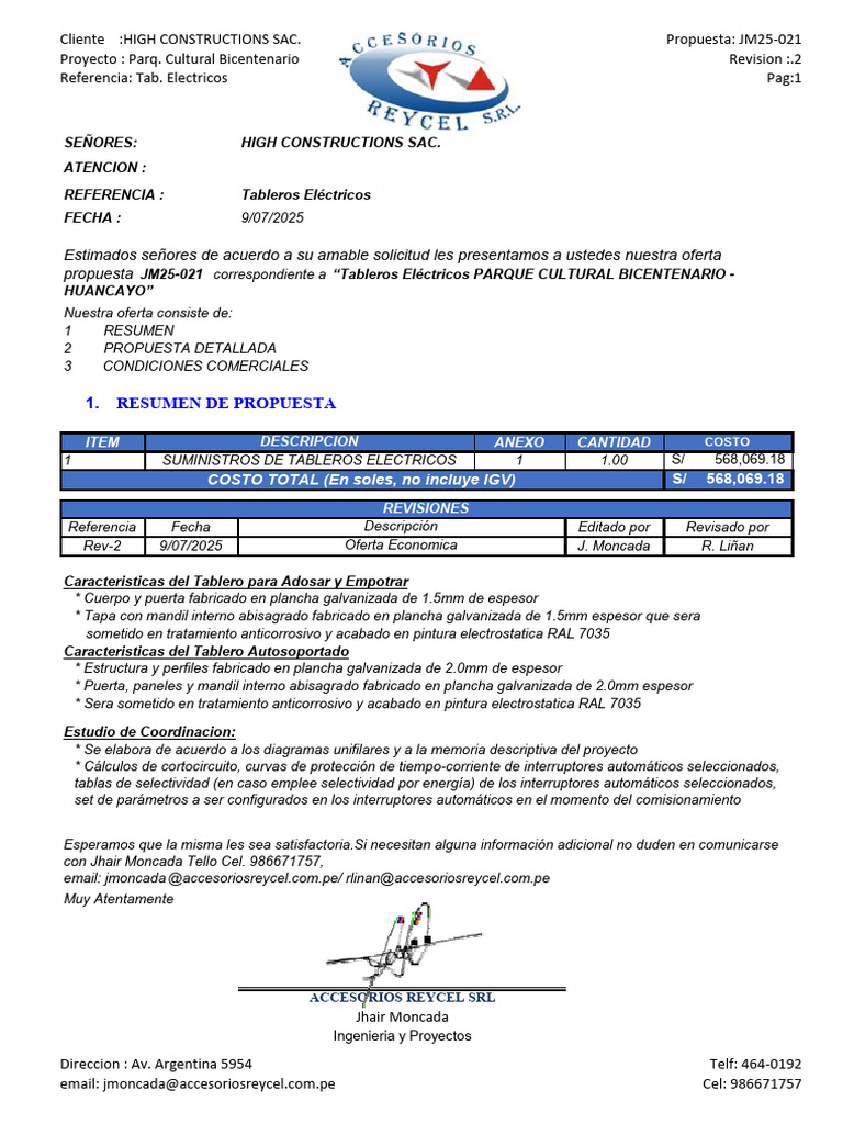 JM25-021 Tableros Electricos Proyecto Huancayo_Rev.2 (1) | PDF | Equipo ...
