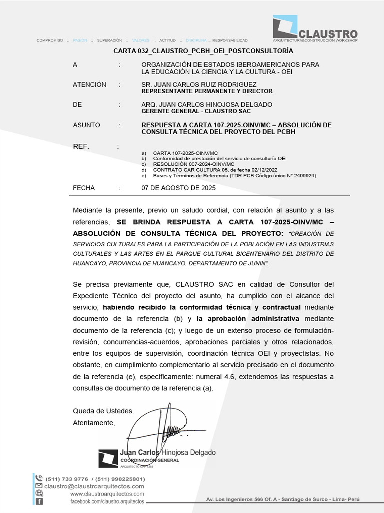 Carta 032 - Claustro - PCBH - Oei - Post - Consultoría - Asiento 666 ...