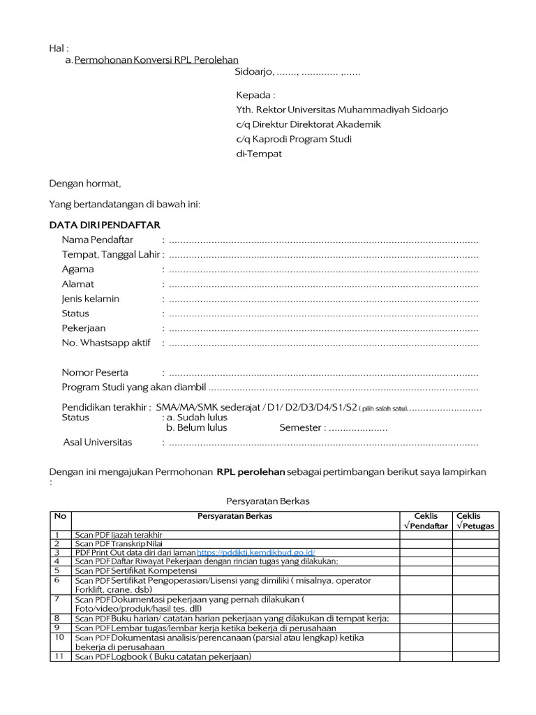 Surat Permohonan RPL Perolehan | PDF