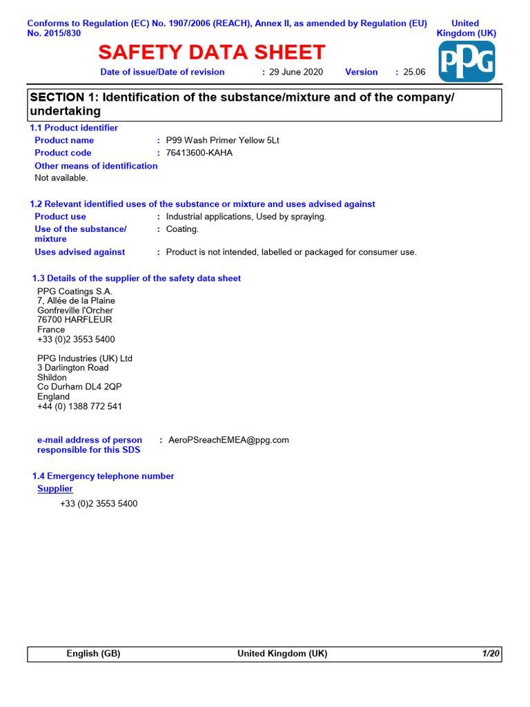 P99 Wash Primer Safety Data Sheet | PDF | Occupational Safety And ...
