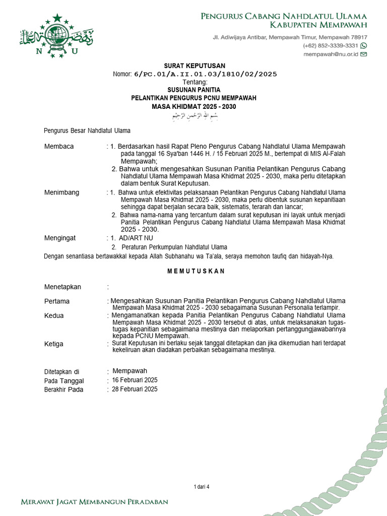 Susunan Panitia Pelantikan Pengurus Pcnu Mempawah Masa Khidmat 2025 ...