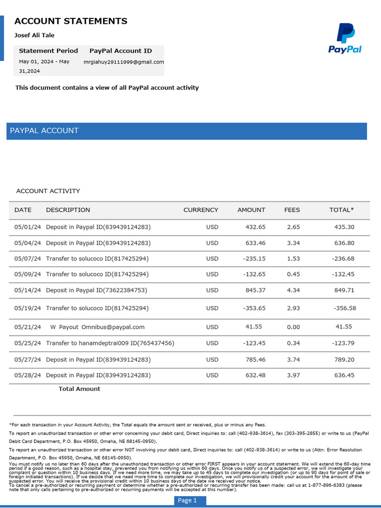Josef Ali Taleb PayPal Account Statement | PDF | Pay Pal | Debit Card