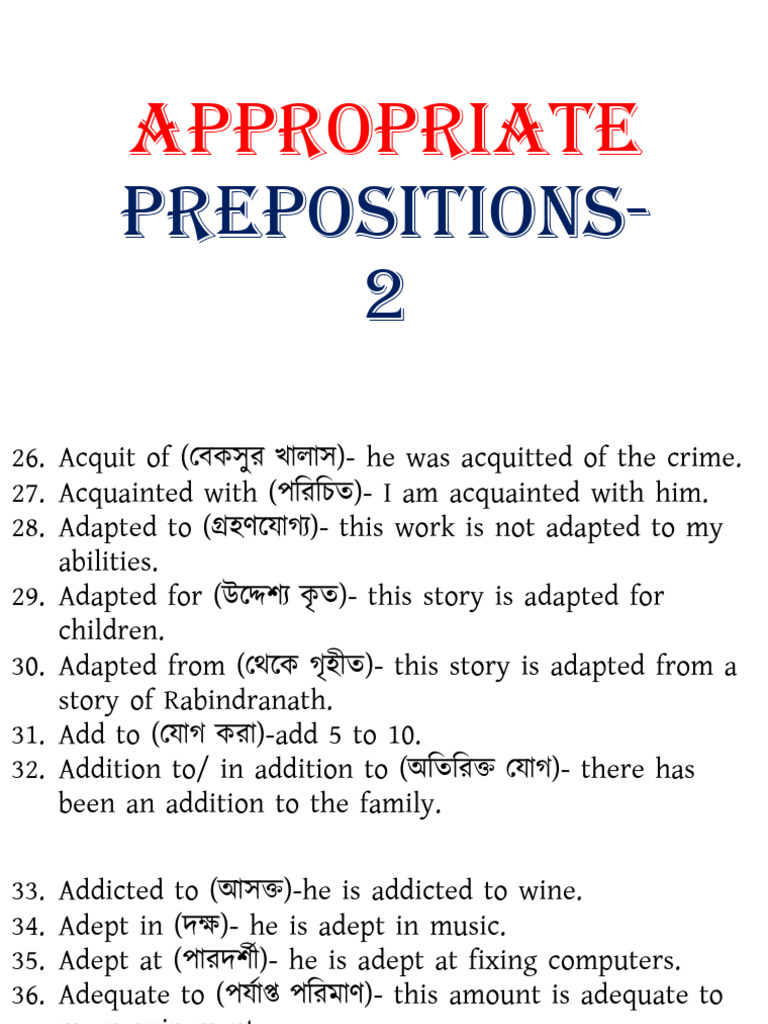Appropriate Prepositions 2 | PDF