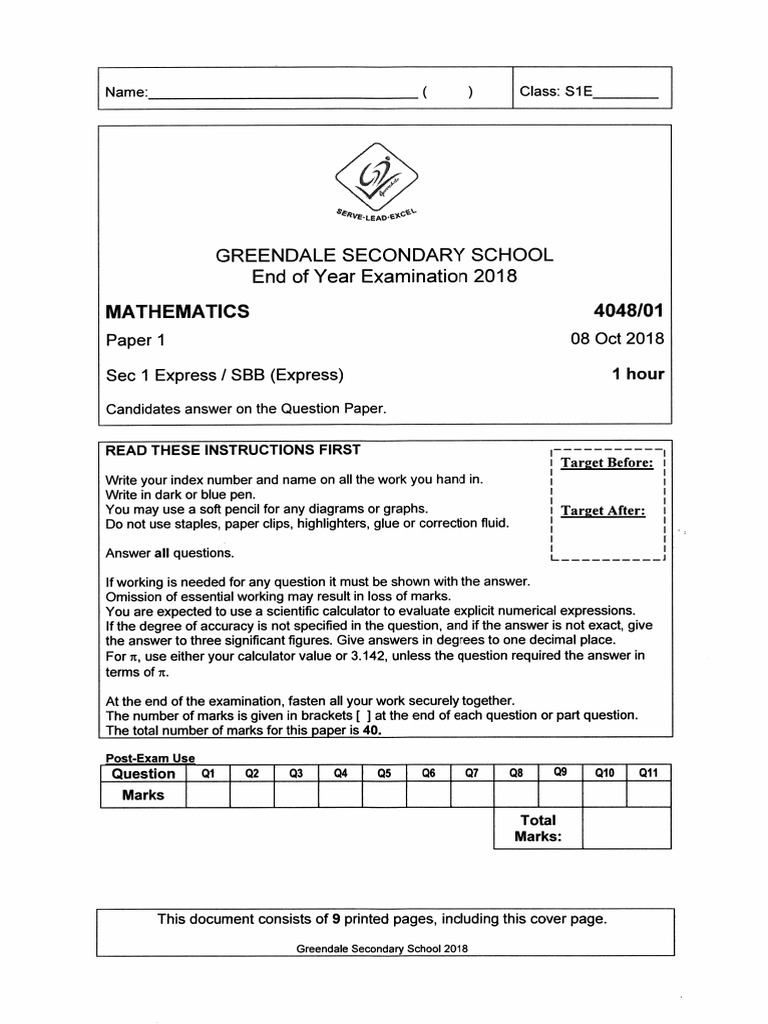 Greendale Sec 2018 Math Exam Paper 1 | PDF | Area | Sphere