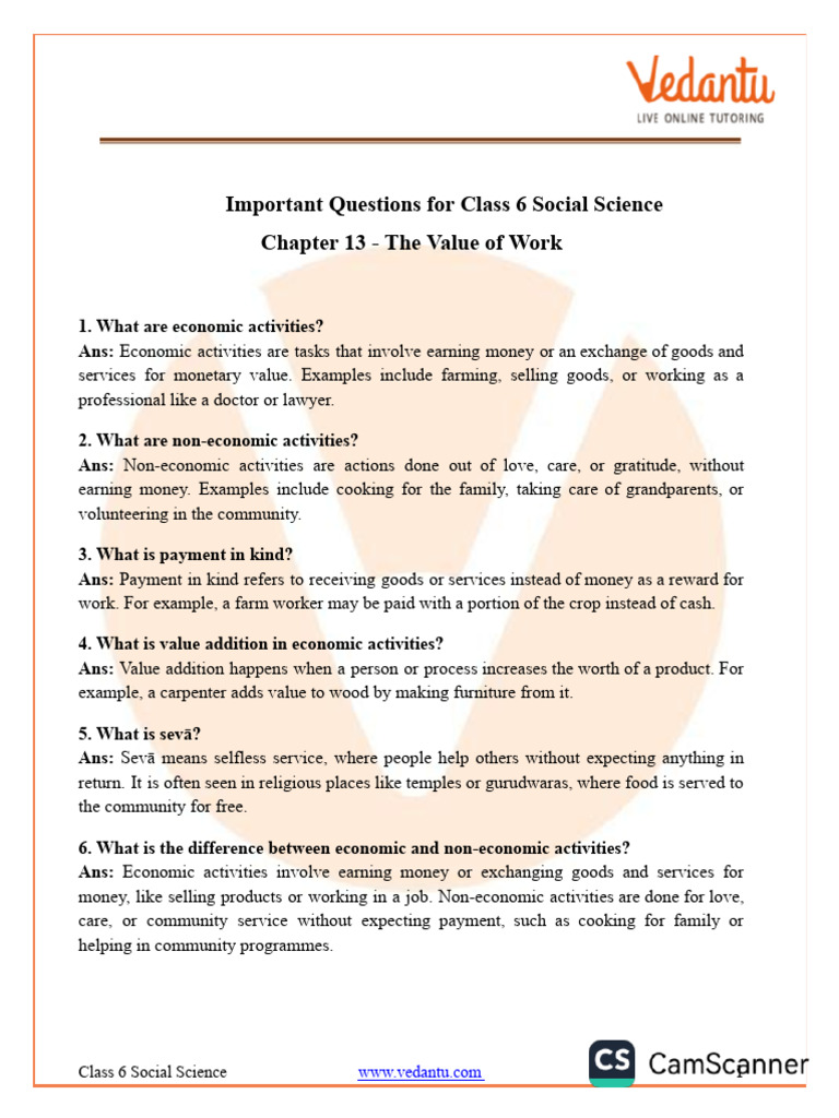 Class 6 SST: Value of Work Q&A | PDF | Salary | Well Being