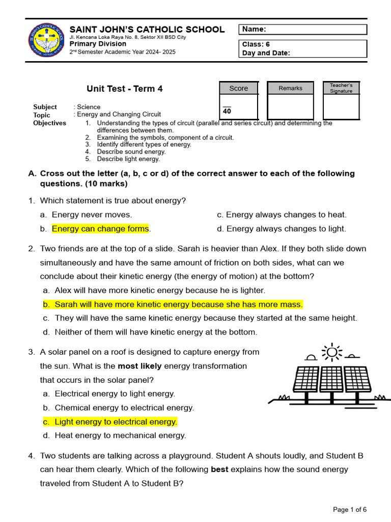 Energy Concepts Unit Test for Grade 6 | PDF | Series And Parallel ...