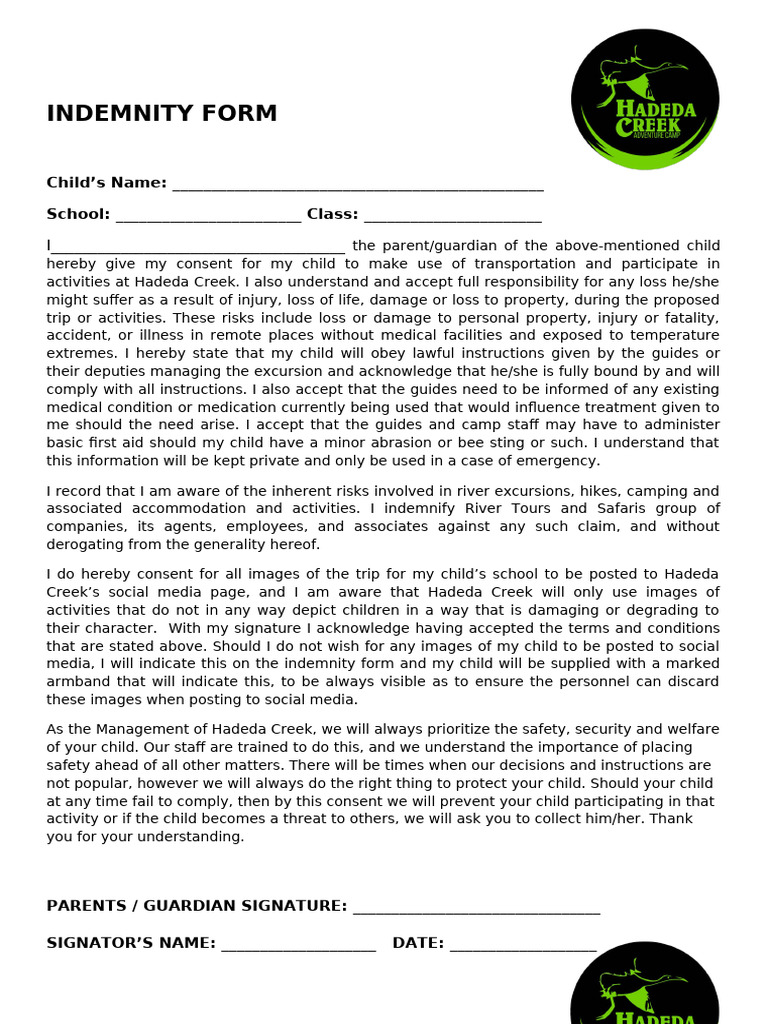 Child Excursion Indemnity Form | PDF | Indemnity